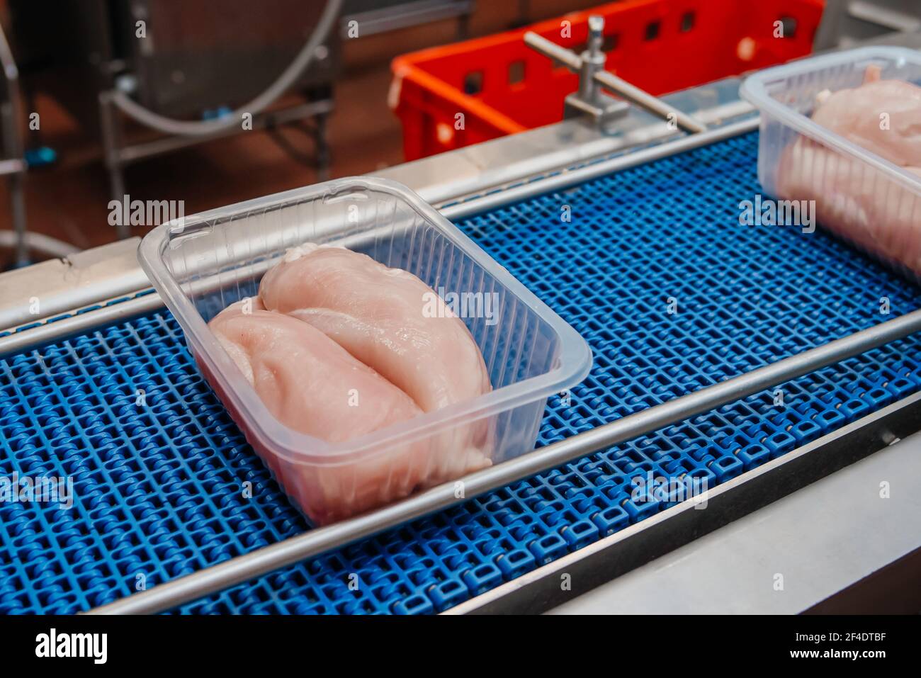 Production line with packaging and cutting of meat.Food products meat ...
