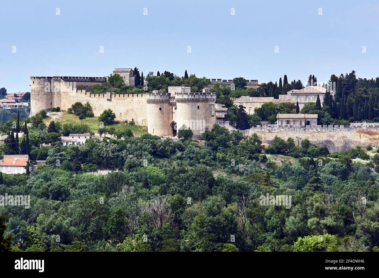 stone walls and towers of the medieval Castle in the city of Avignon in ...