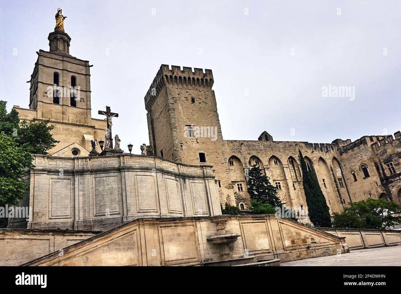 stone walls and towers of the medieval Castle of the Popes in the city ...
