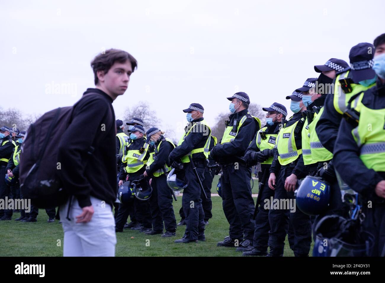 London, UK. March 20, 2021. TSG police with shields and helmets. Stand ...