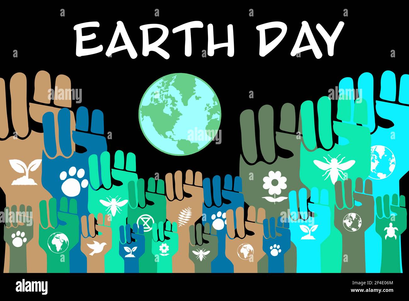 Earth Day community environmental activism, raised hands with eco ...
