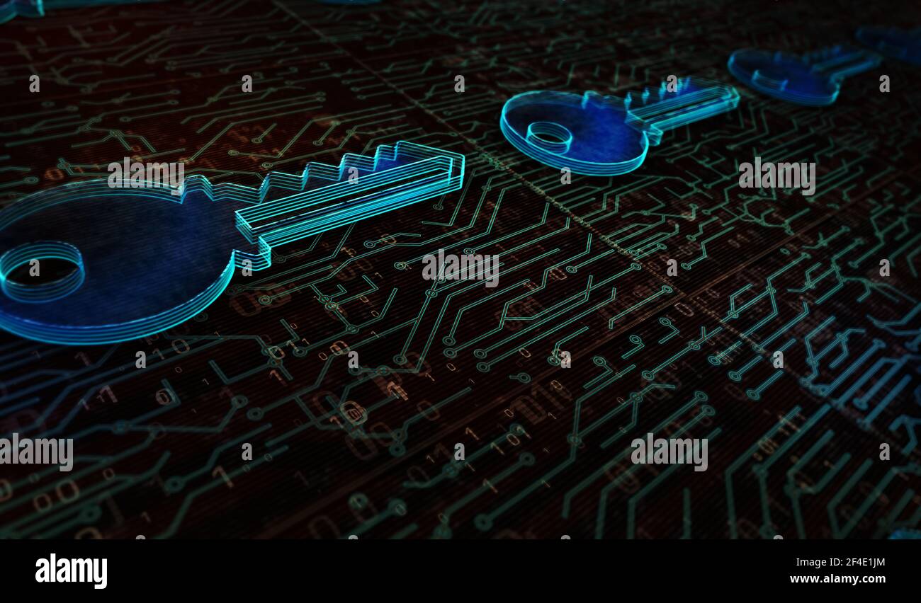 Cyber security, computer protection, digital safety technology with key metal symbols. Abstract ...