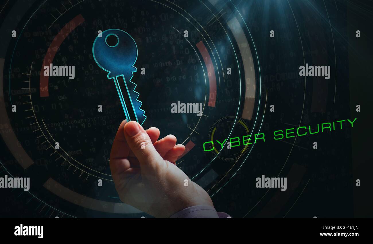 Cyber security, computer protection, digital safety technology with key symbol in hand. Abstract ...