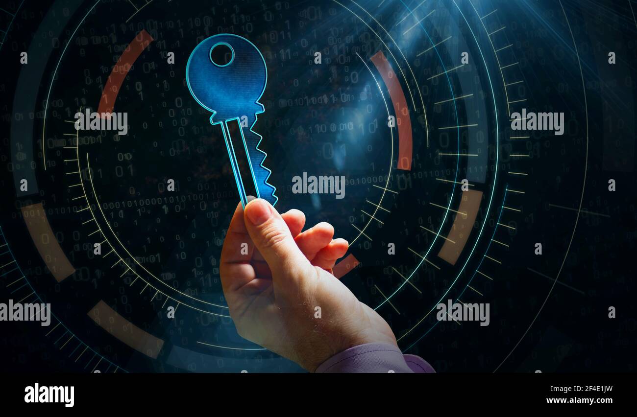 Cyber security, computer protection, digital safety technology with key symbol in hand. Abstract ...