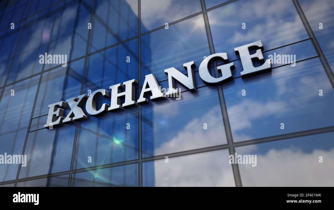 Exchange on glass building. Mirrored sky and city modern facade. Stock ...