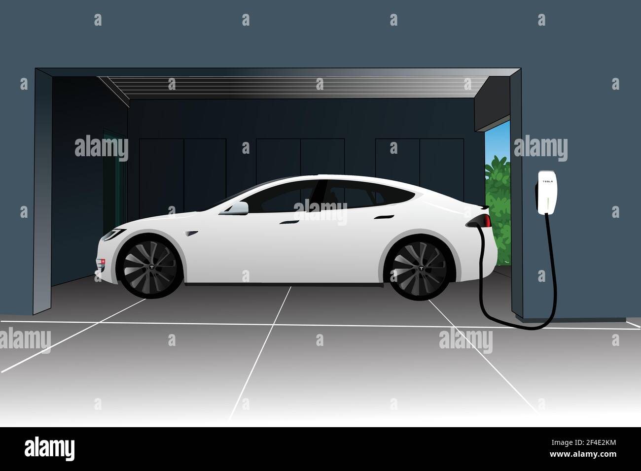 Tesla Electric car with charging station. Vector illustration EPS 10 ...