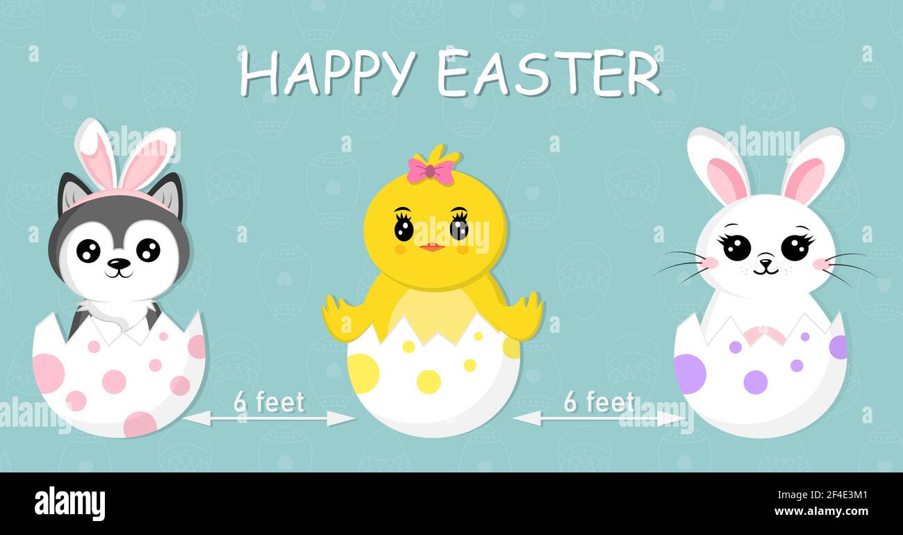 Social distancing infographic between dog, chicken and bunny. Animal ...