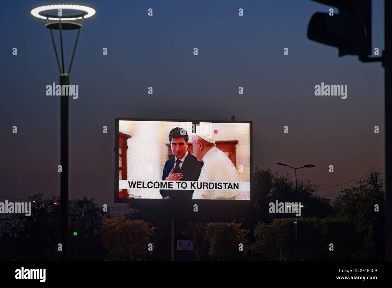 Erbil, Iraq. A billboard with President Nechirvan Barzani welcomes Pope ...