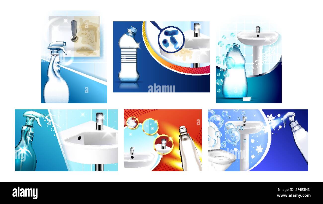 Bathroom Cleaner Advertising Posters Set Vector Illustration Stock ...