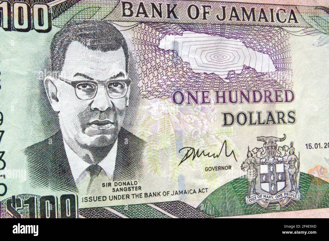 A one hundred dollar banknote from Jamaica showing a portrait of the ...