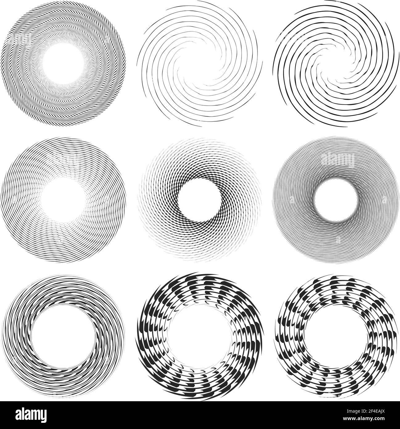 Radial spiral with wavy, zigzag, criss-cross lines. Swirl, twirl, and ...