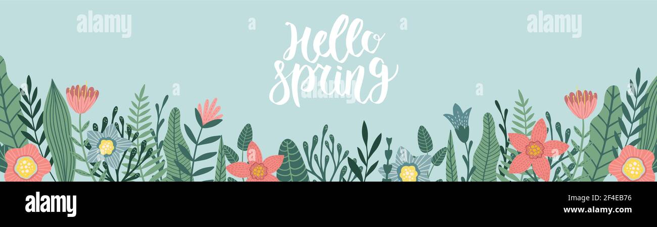 Vector spring banner with copy space for text. Flower designs in flat ...