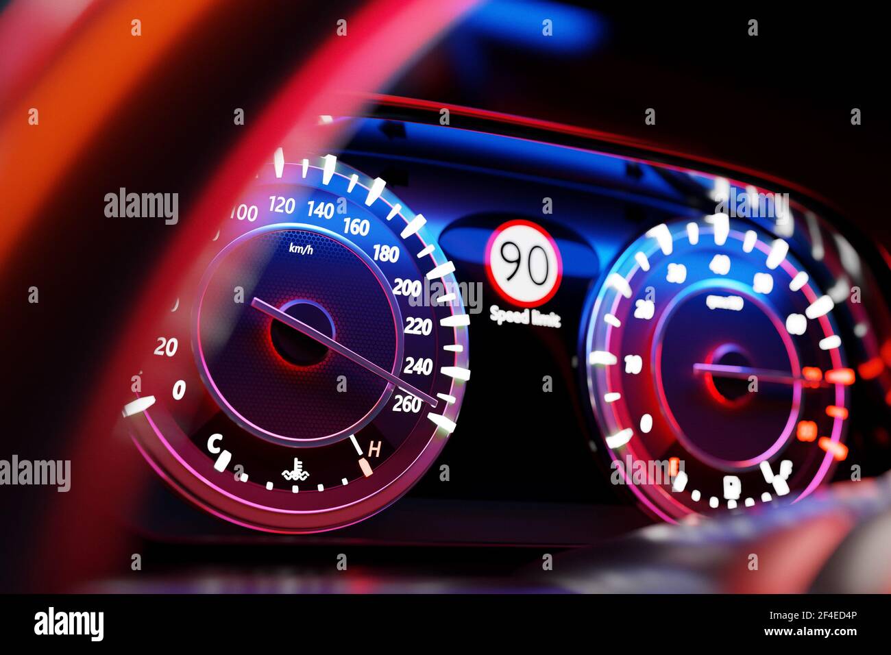 3D illustration close up black car panel, digital bright speedometer in sport style. The ...
