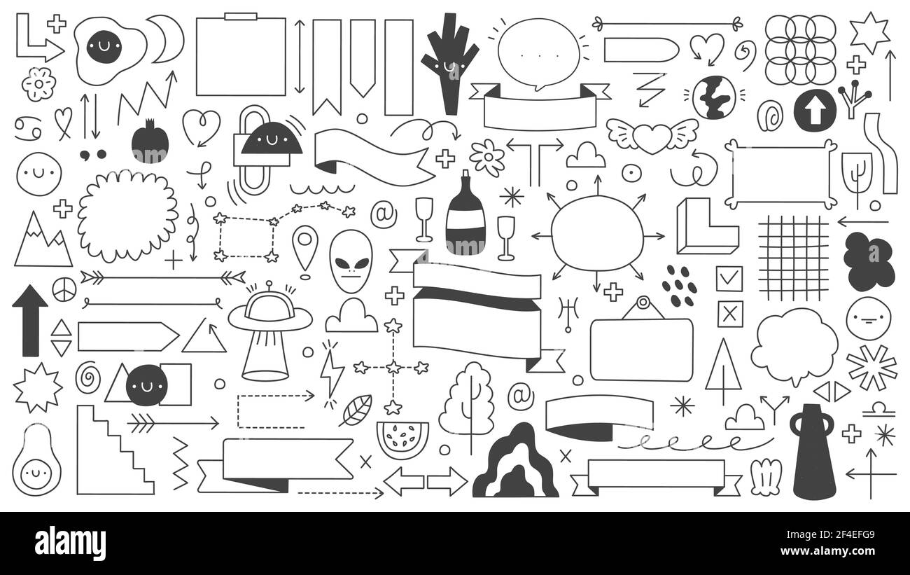 Abstract doodle shapes. Outline hand drawn elements, arrows, circles ...
