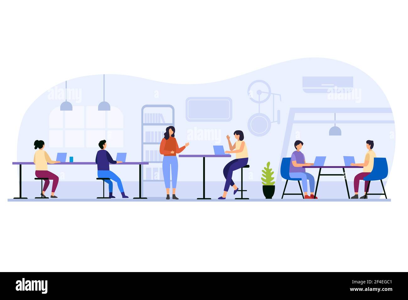 People sitting at tables in coworking space Vector illustration Stock ...
