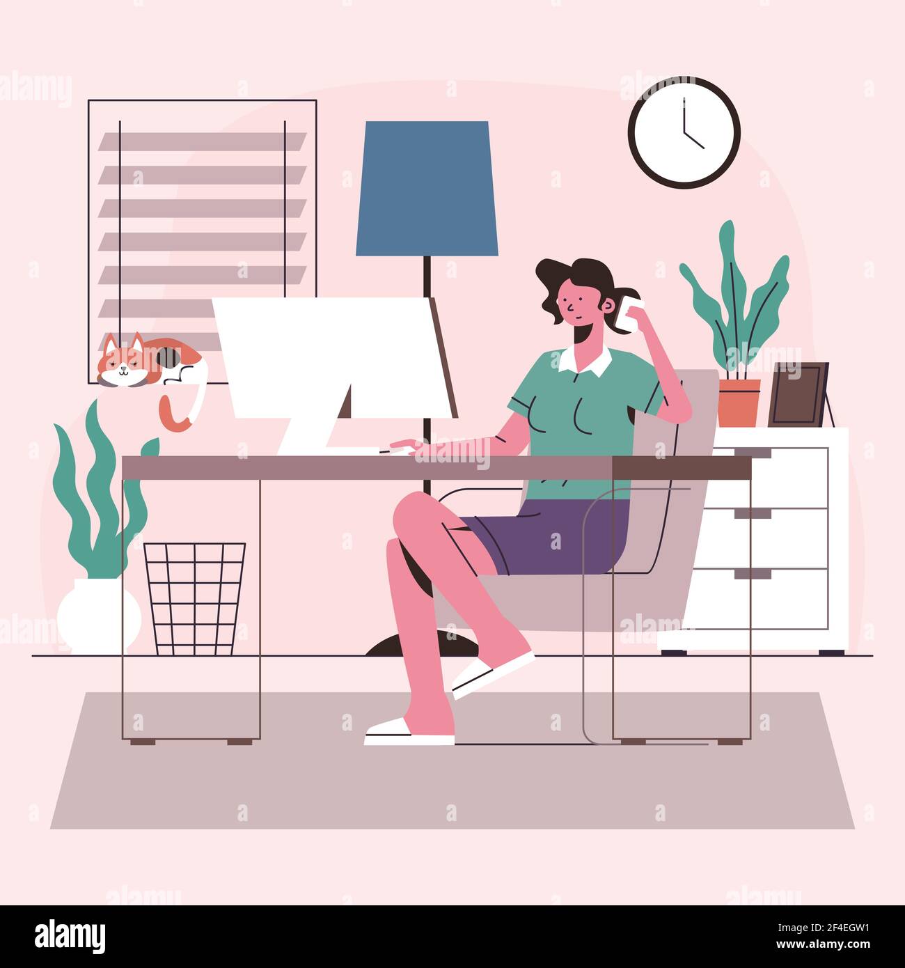 Hand drawn woman working from home Vector illustration Stock Vector ...