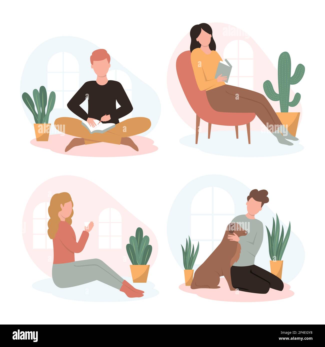 Flat-hand drawn hygge lifestyle illustration with people Vector ...