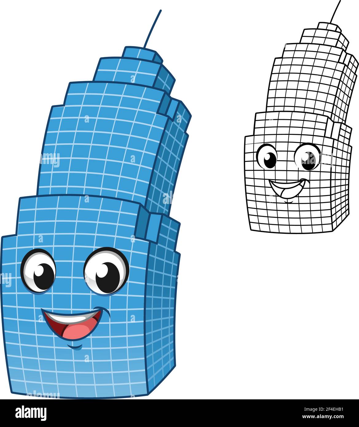 Cute Happy Skyscraper with Line Art Drawing, Building, Vector Character ...