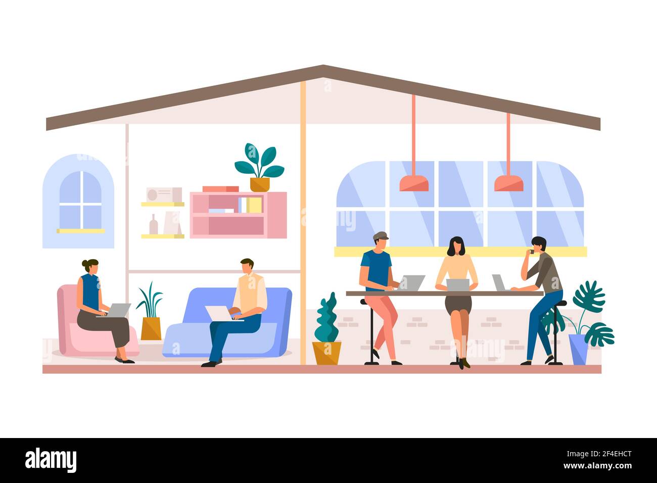 Long view flat-hand drawn coworking space Vector illustration Stock ...