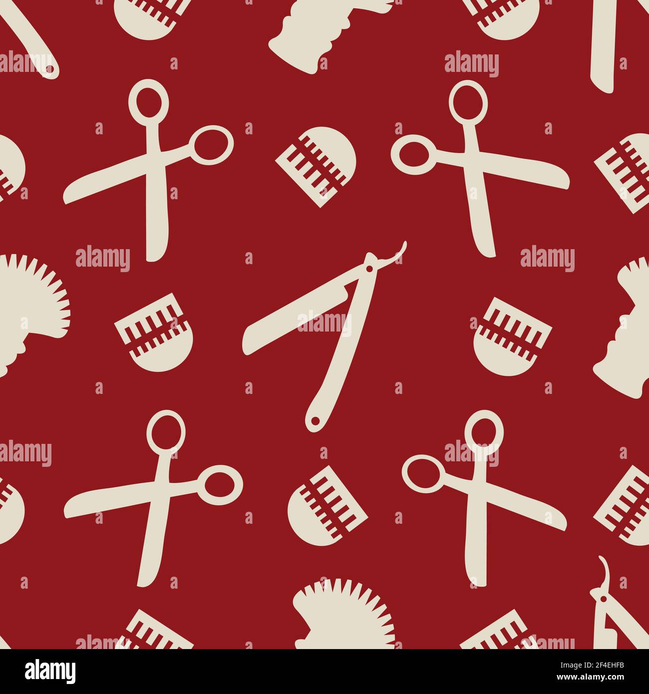 Barber shop tools vector seamless pattern background. White ochre red ...