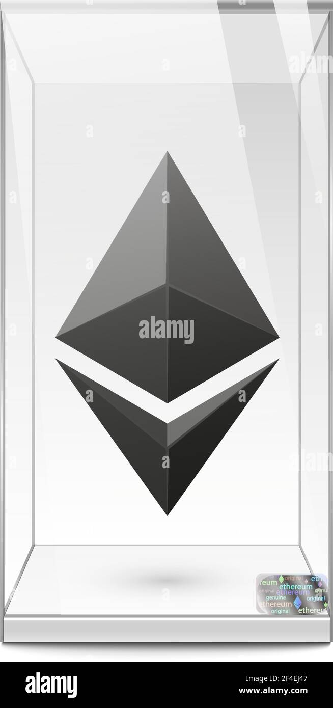 Black ethereum logo inside glass showcase. Template for banners news ...