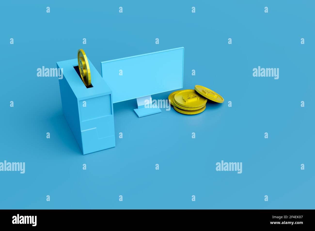 Bitcoin mining computer and coin falling to computer, 3D illustrations ...