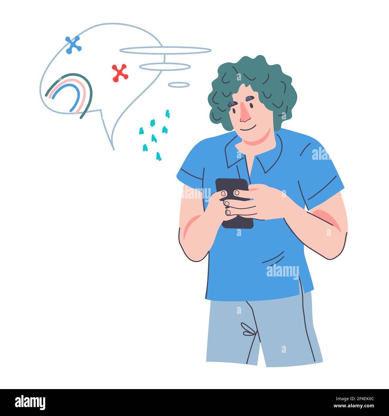 Young man sending message to mobile chat using phone, cartoon vector ...