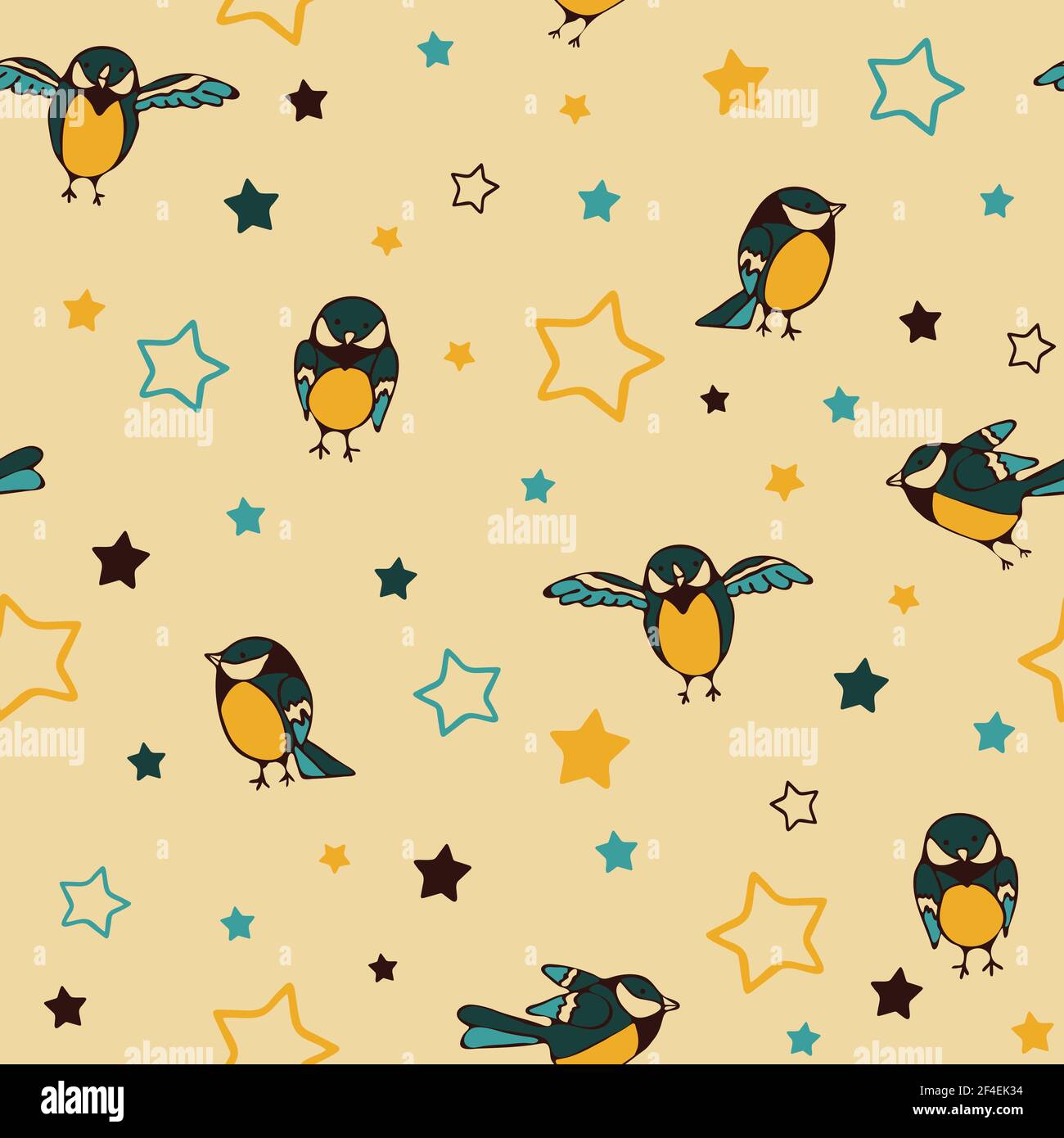 Seamless vector pattern with sparrow bird and stars on yellow ...