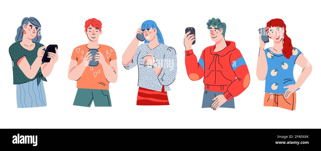 Young people using mobile phones for messages and calls. Mobile ...