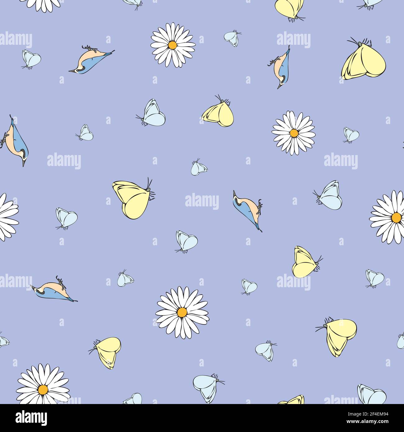 Vector pastel blue background daisy flowers, birds butterfly seamless ...