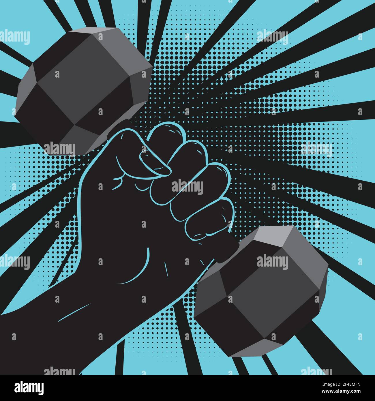 Human hand holding dumbbells, sports themed retro illustration Stock ...