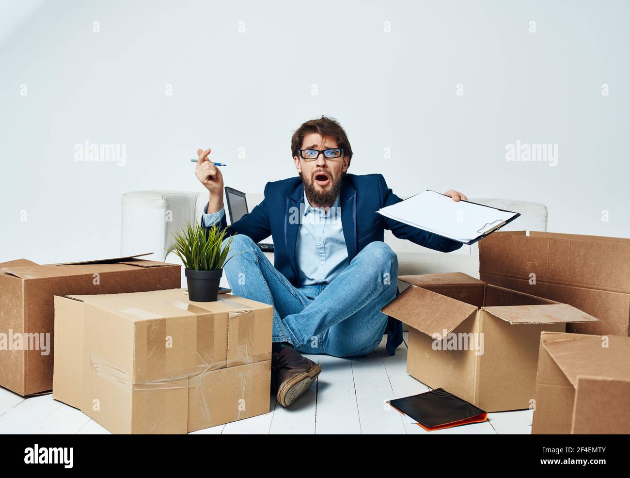 business man documents boxes unpacking professional office Stock Photo ...