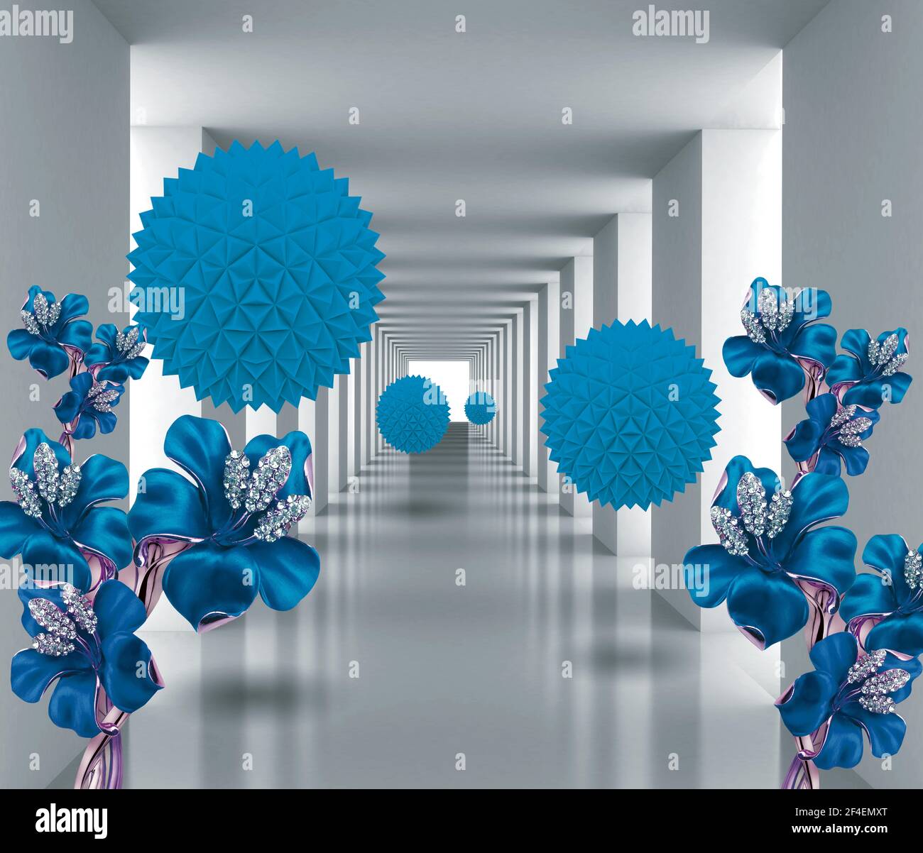 3d mural digital illustration silver tunnel with sphere and flowers ...