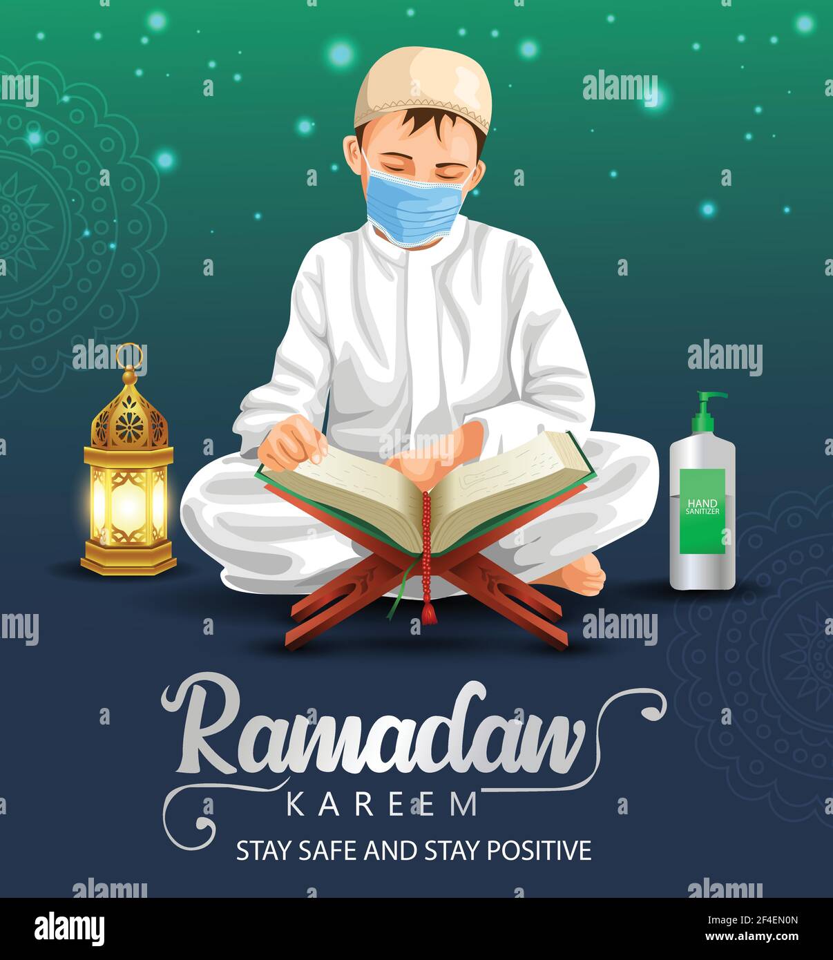 ramadan kareem and eid mubarak greetings. Islamic boy reading Quran ...