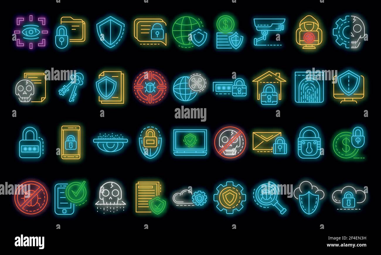 Computer security icon set. Outline set of computer security vector icons neon color on black ...