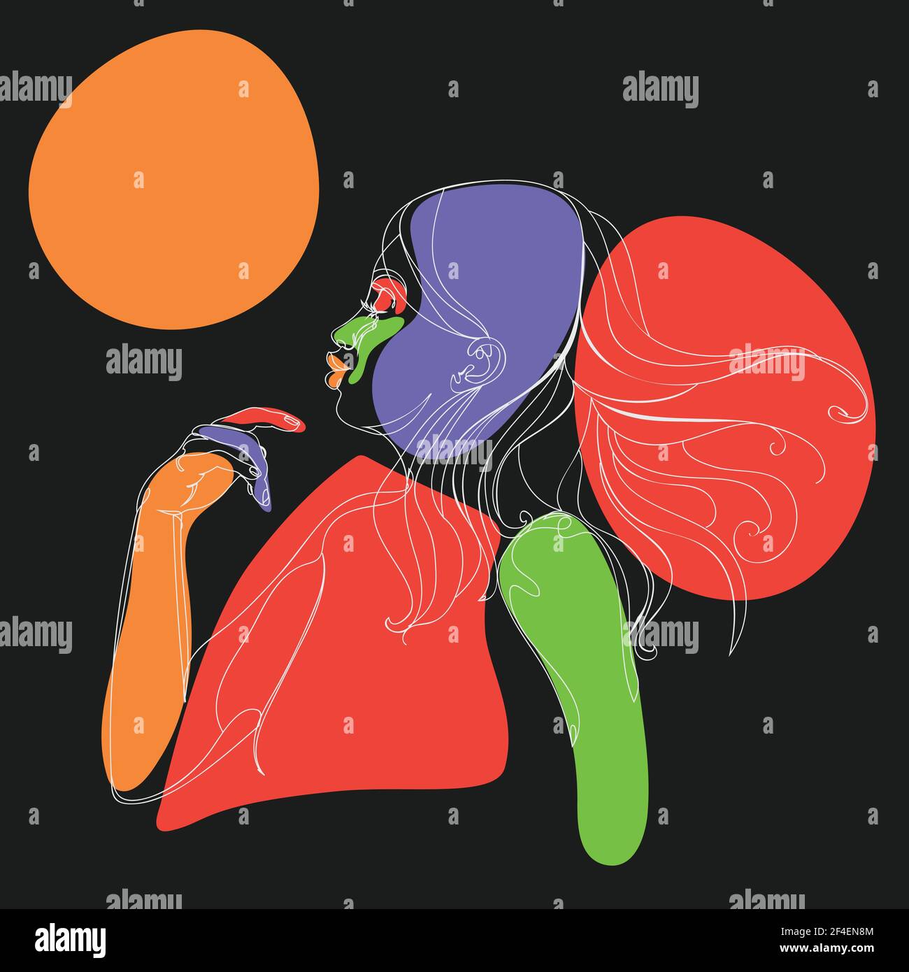 Abstract line art female portrait in profile with colorful shapes ...
