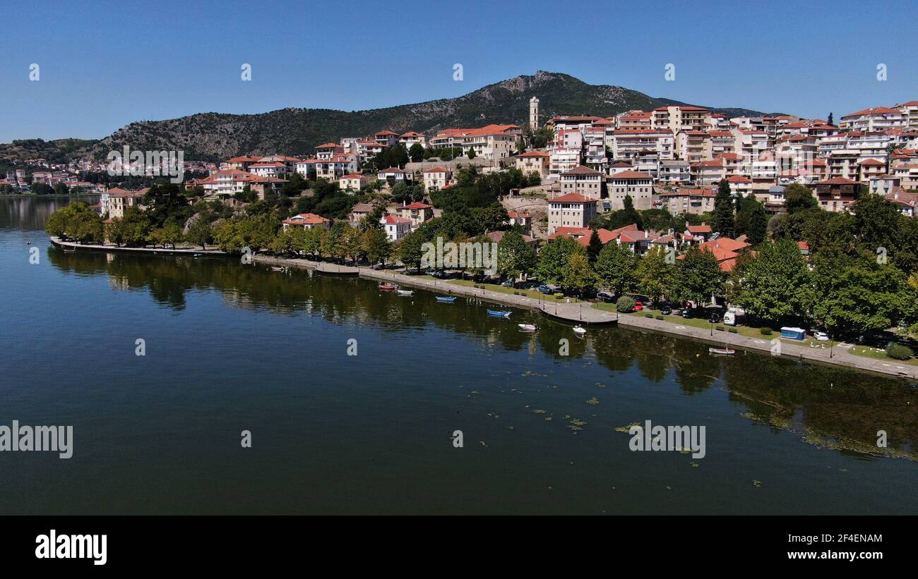 Kastoria city at lake Orestiada, aerial drone view, Macedonia, Greece ...