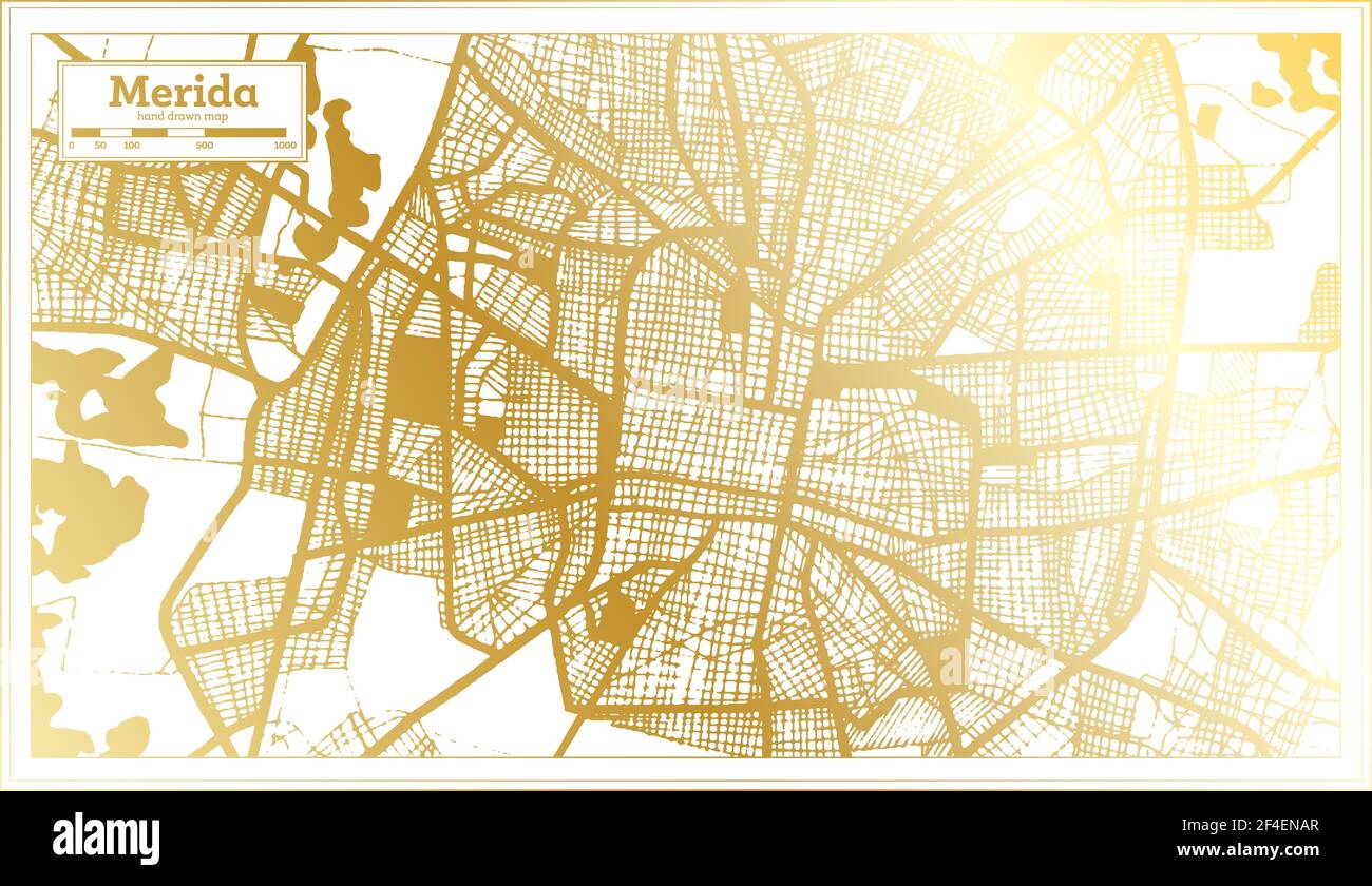 Merida Mexico City Map in Retro Style in Golden Color. Outline Map ...