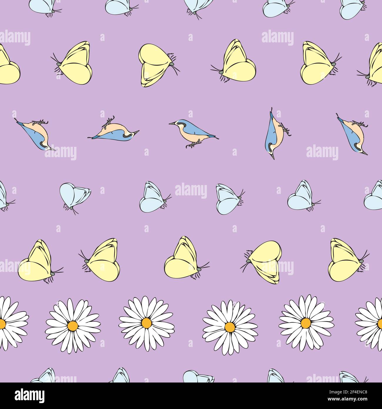 Vector pastel purple background daisy flowers, birds butterfly seamless ...