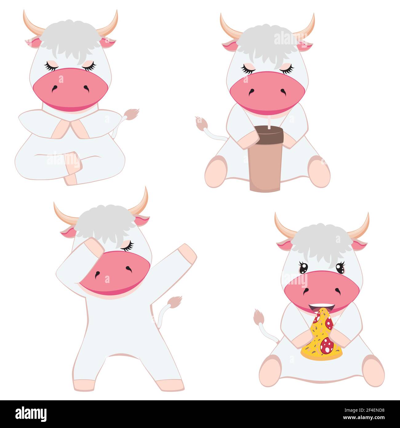 Little cute cartoon white bull in various poses illustration Stock ...