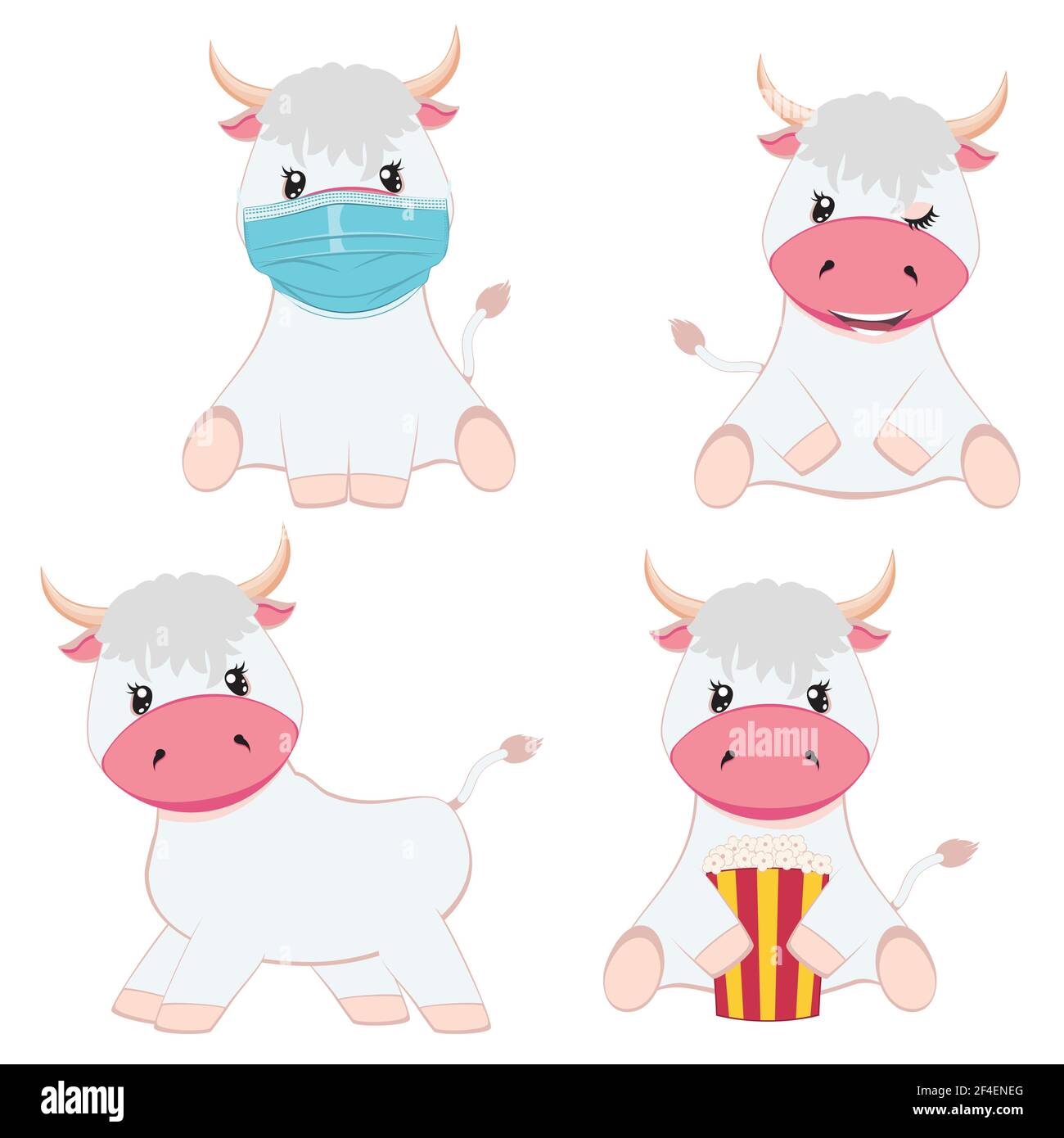 Little cute cartoon white bull in various poses illustration Stock ...