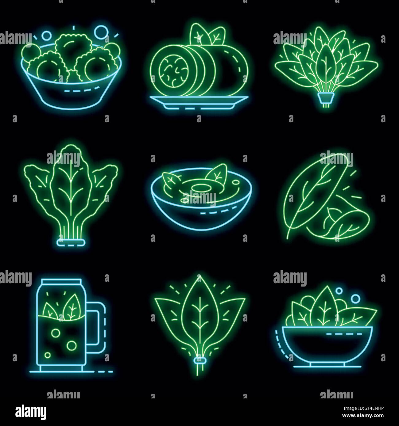 Spinach icon set. Outline set of spinach vector icons neon color on ...