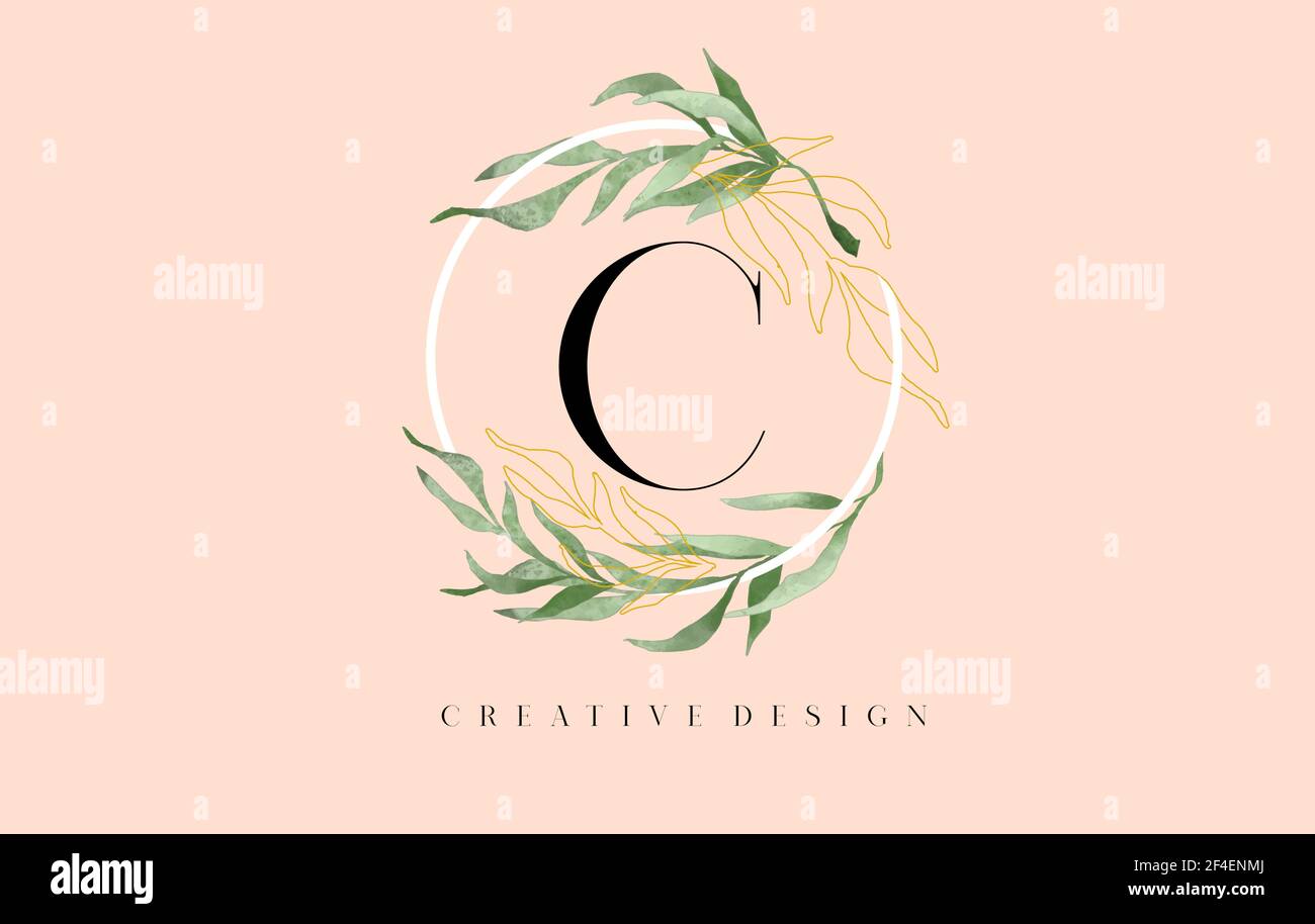 Elegant Letter C Logo Design With Waterbrush leafs and Golden Monoline ...