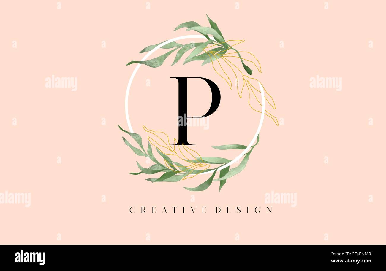 Elegant Letter P Logo Design With Waterbrush leafs and Golden Monoline ...
