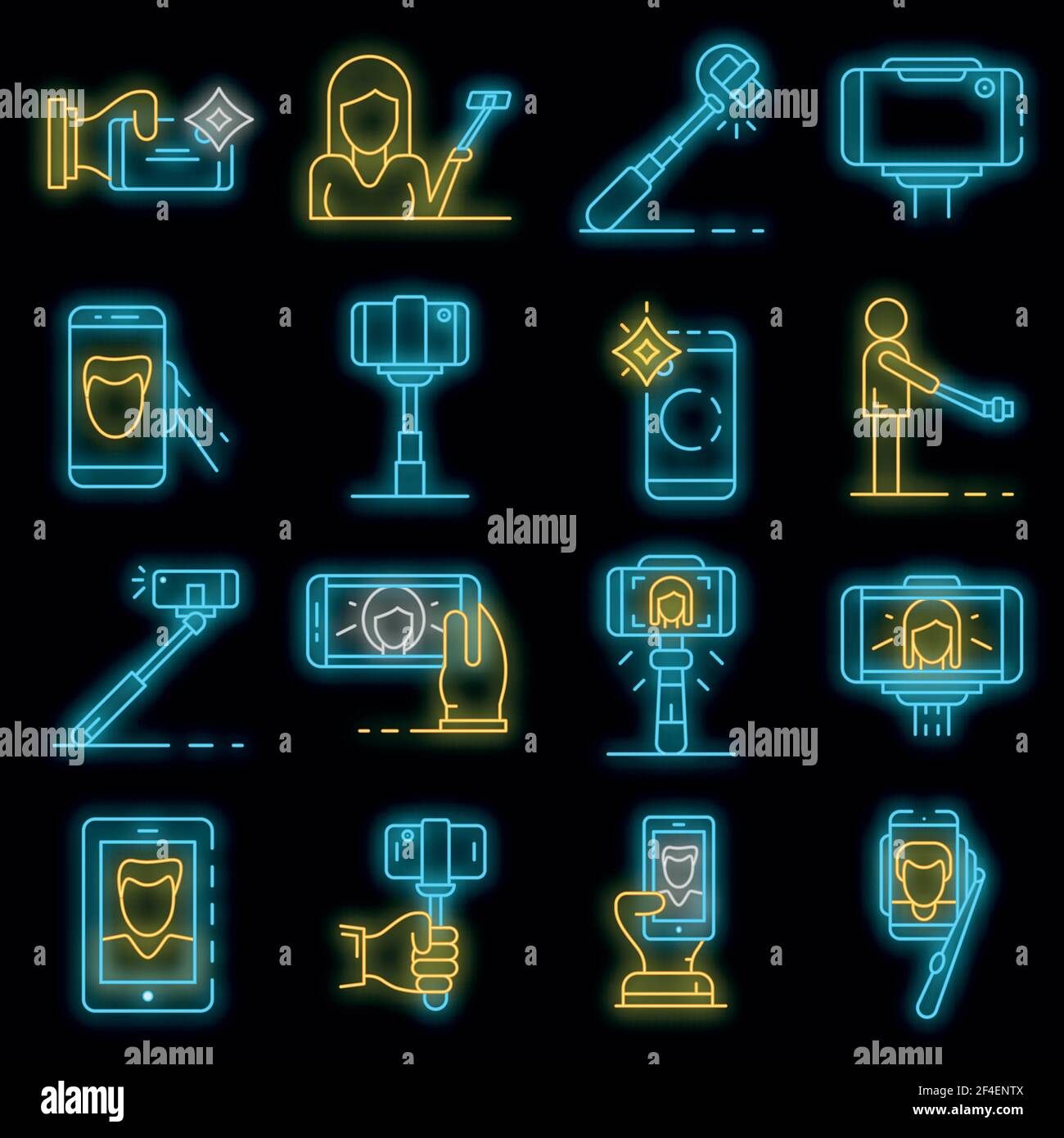 Selfie icon set. Outline set of selfie vector icons neon color on black ...