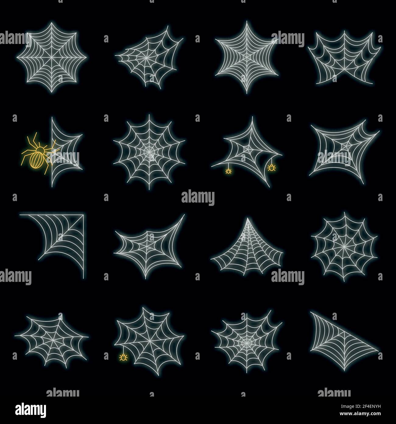 Spider icon set. Outline set of spider vector icons neon color on black ...