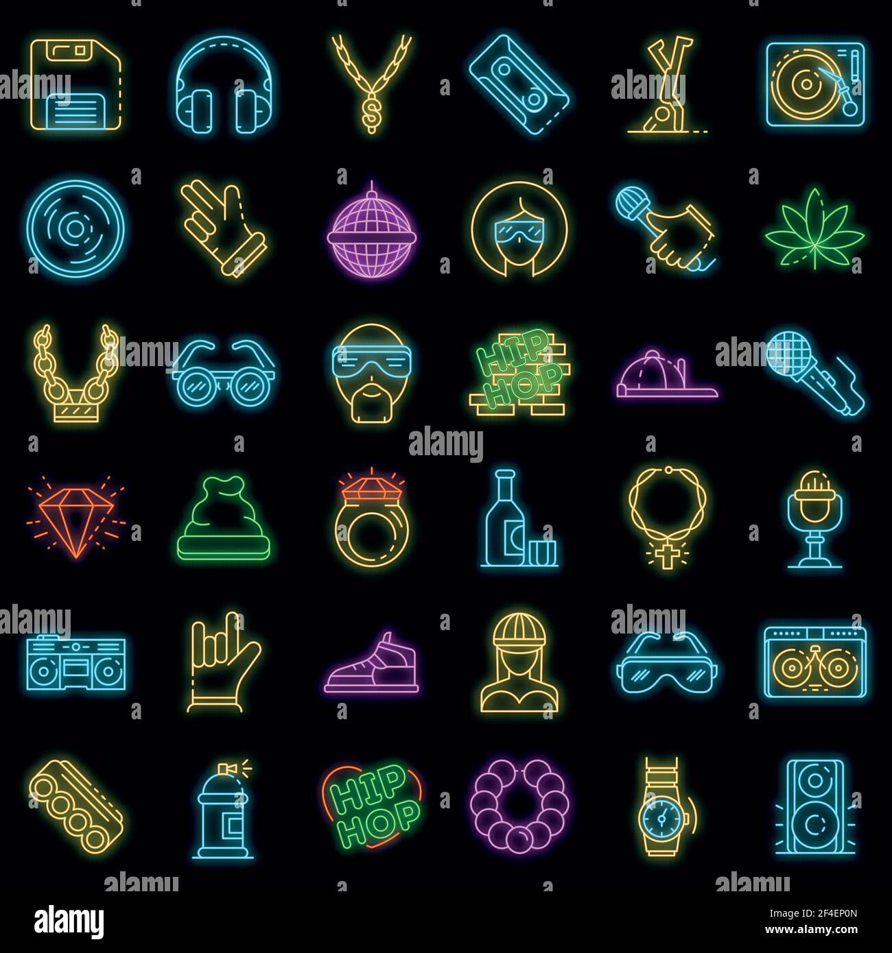 Hiphop icon set. Outline set of hiphop vector icons neon color on black ...