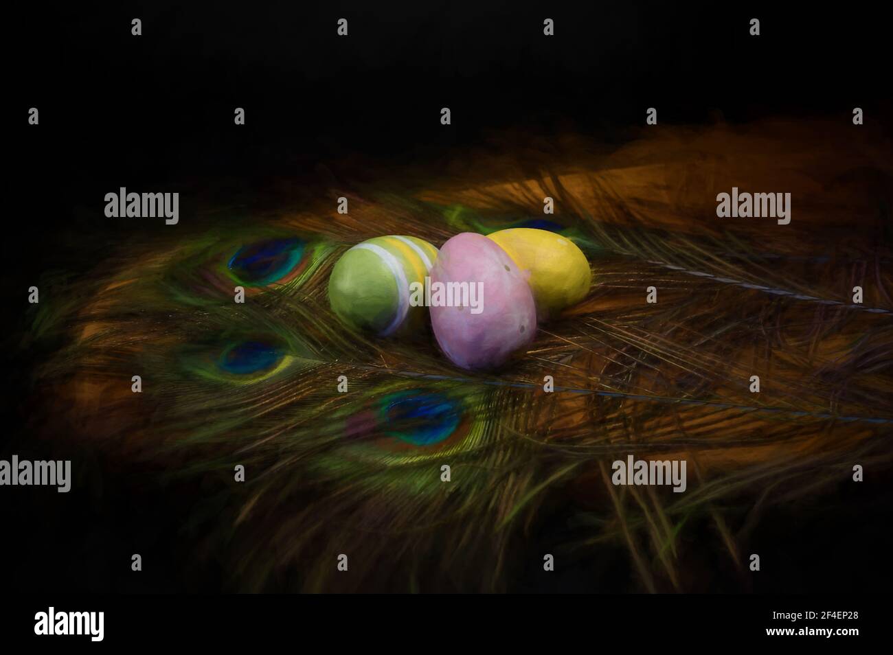 Digital painting of still life Peacock feathers, and painted wood eggs ...