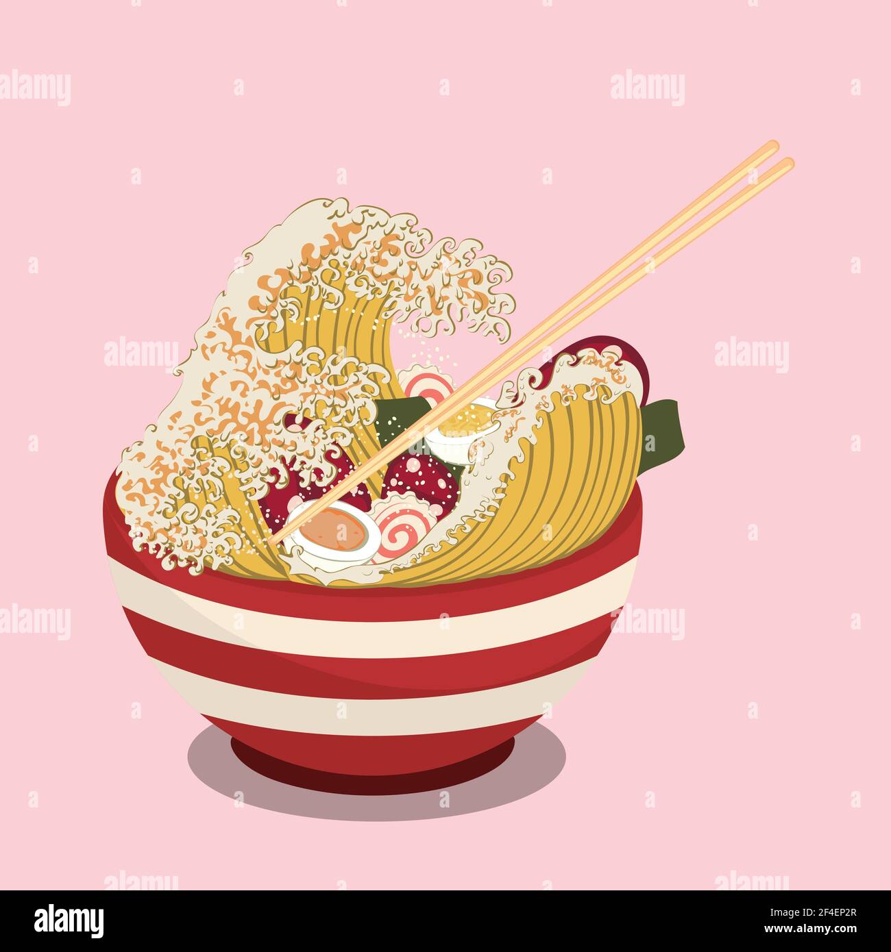 Cartoon red bowl of ramen, noodles in a wave shape illustration Stock ...