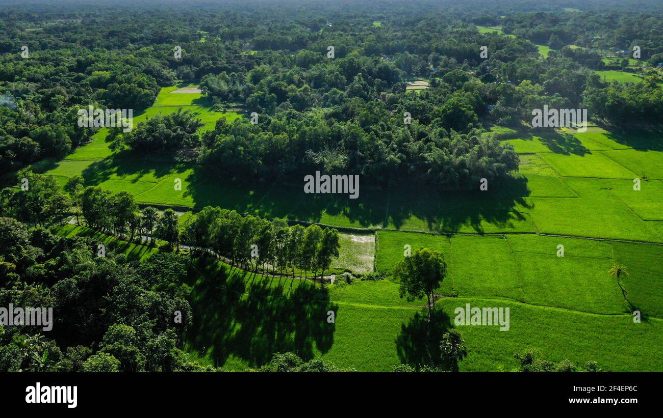 An aerial view of rural area and agricultural lands of Bhaluka of ...